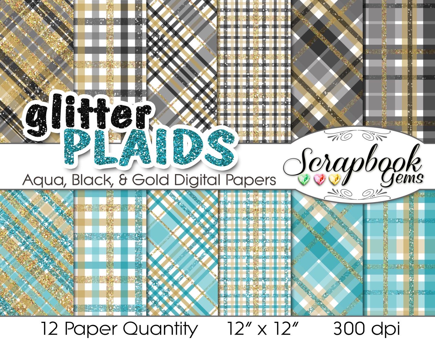 Glitter Plaid Aqua, Black & Gold Digital Papers, 12 Pieces, 12" X 12 ...