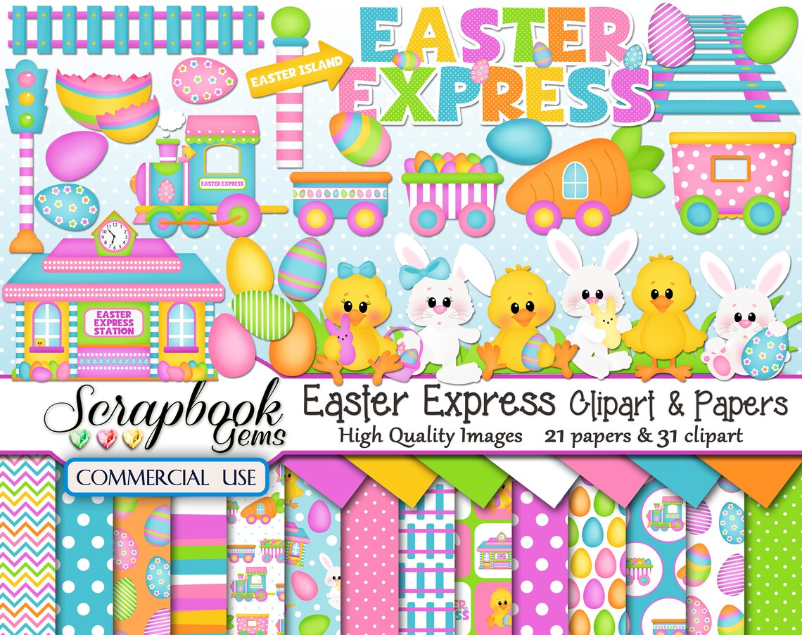 EASTER EXPRESS Clipart & Papers Kit, 31 Png Clipart Files, 21 Jpeg ...