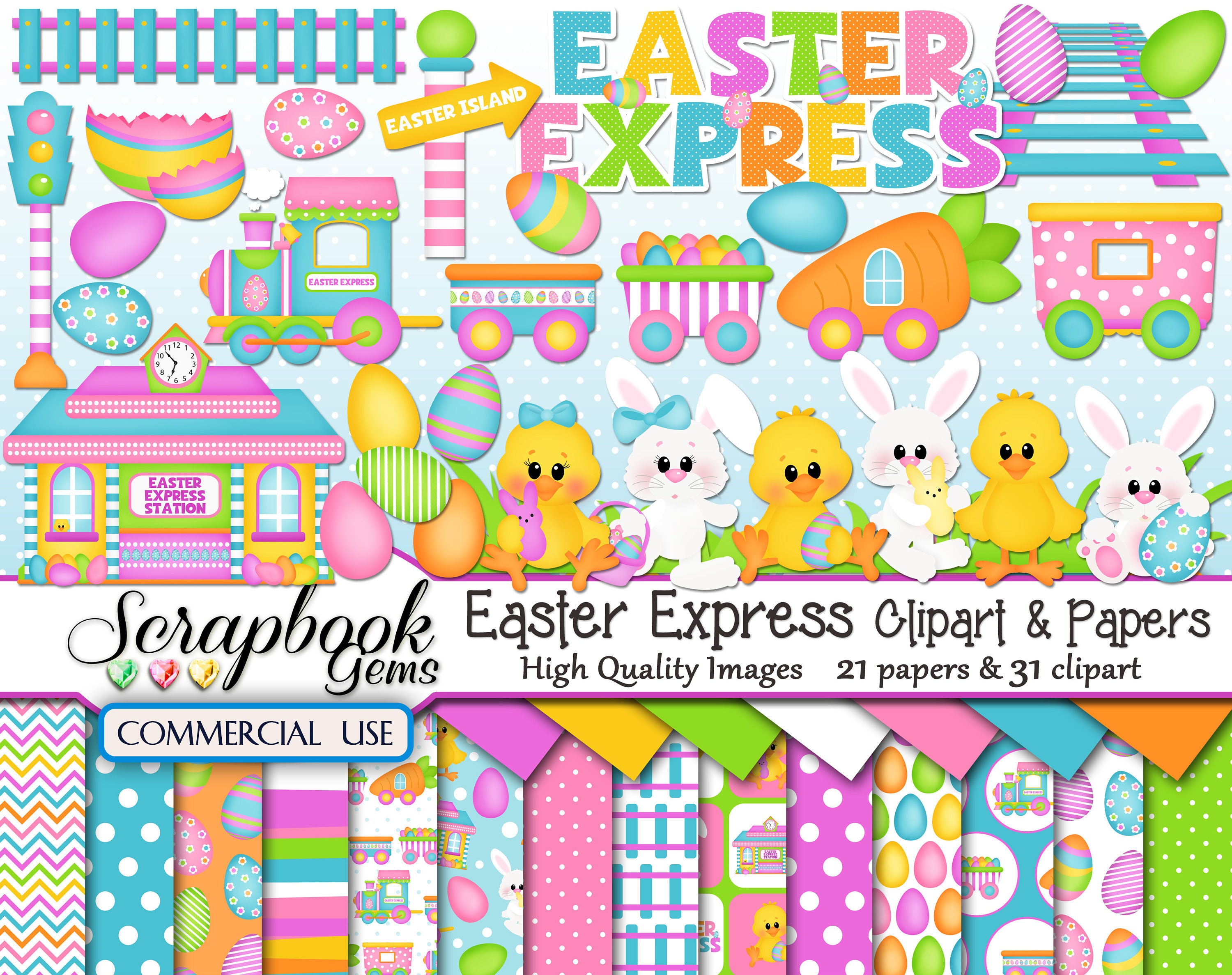 EASTER EXPRESS Clipart & Papers Kit 31 Png Clipart Files 21 - Etsy