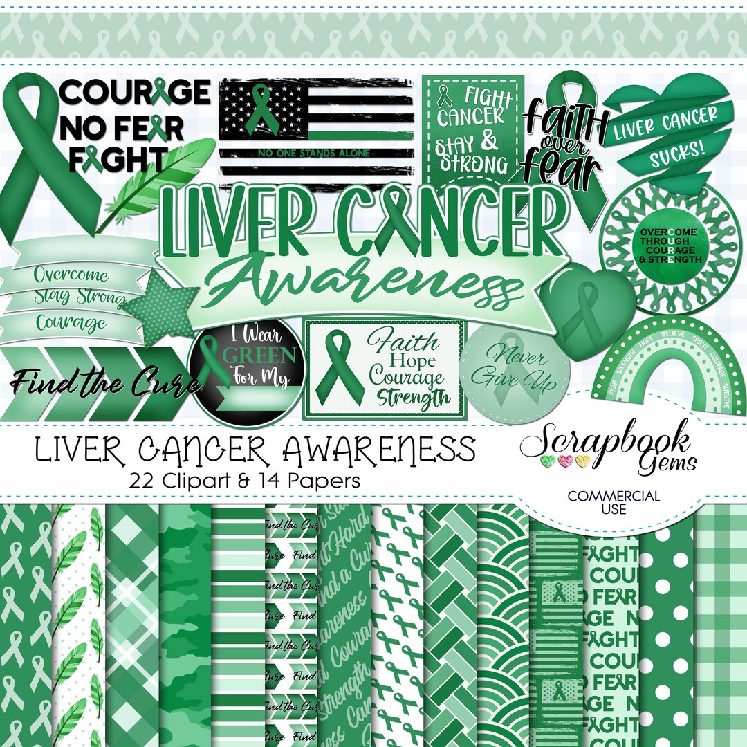 LIVER CANCER Awareness Clipart & Papers Kit, 22 Png Clipart Files, 14 ...