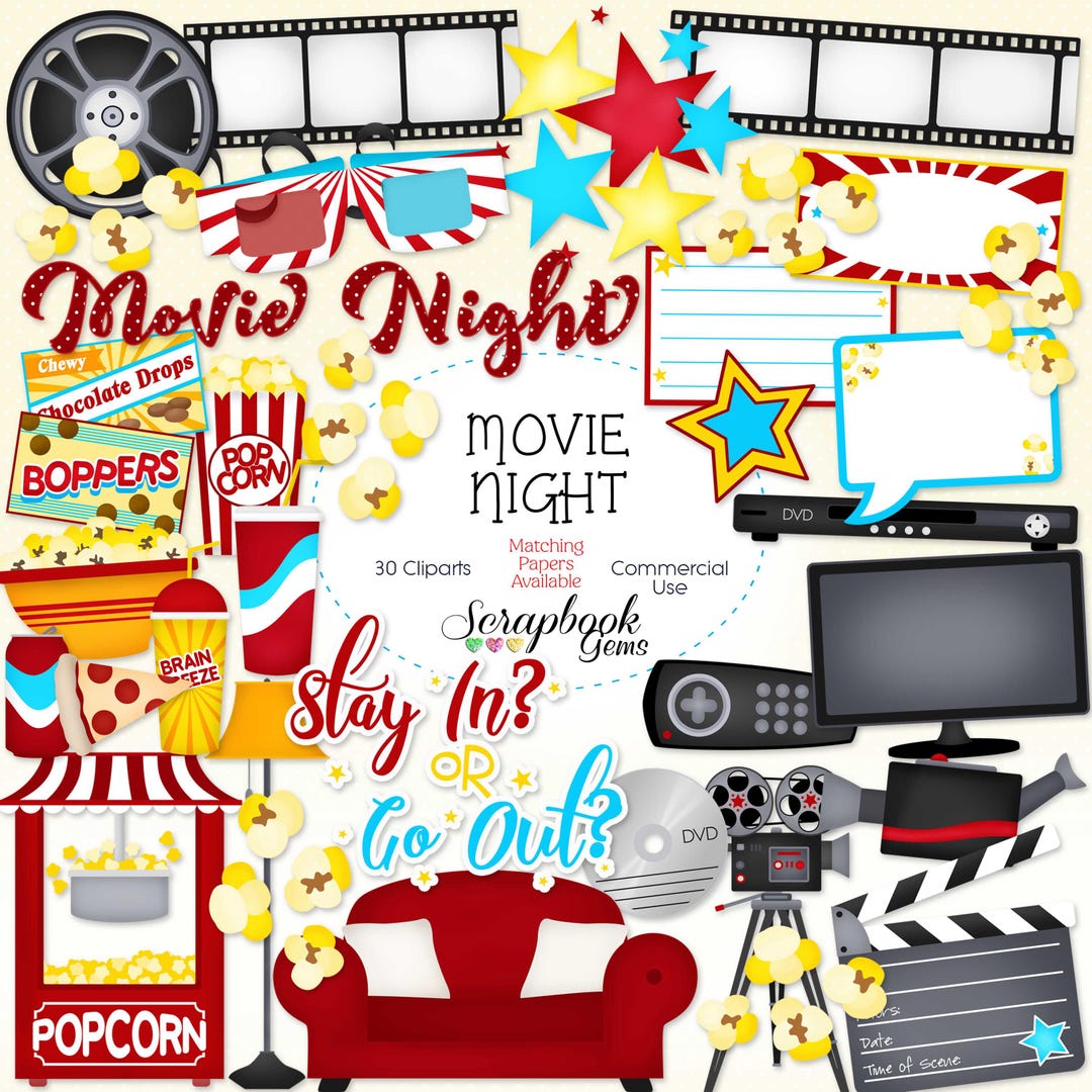 MOVIE NIGHT Clipart, 30 Png Clipart Files Instant Download Tags Couch ...