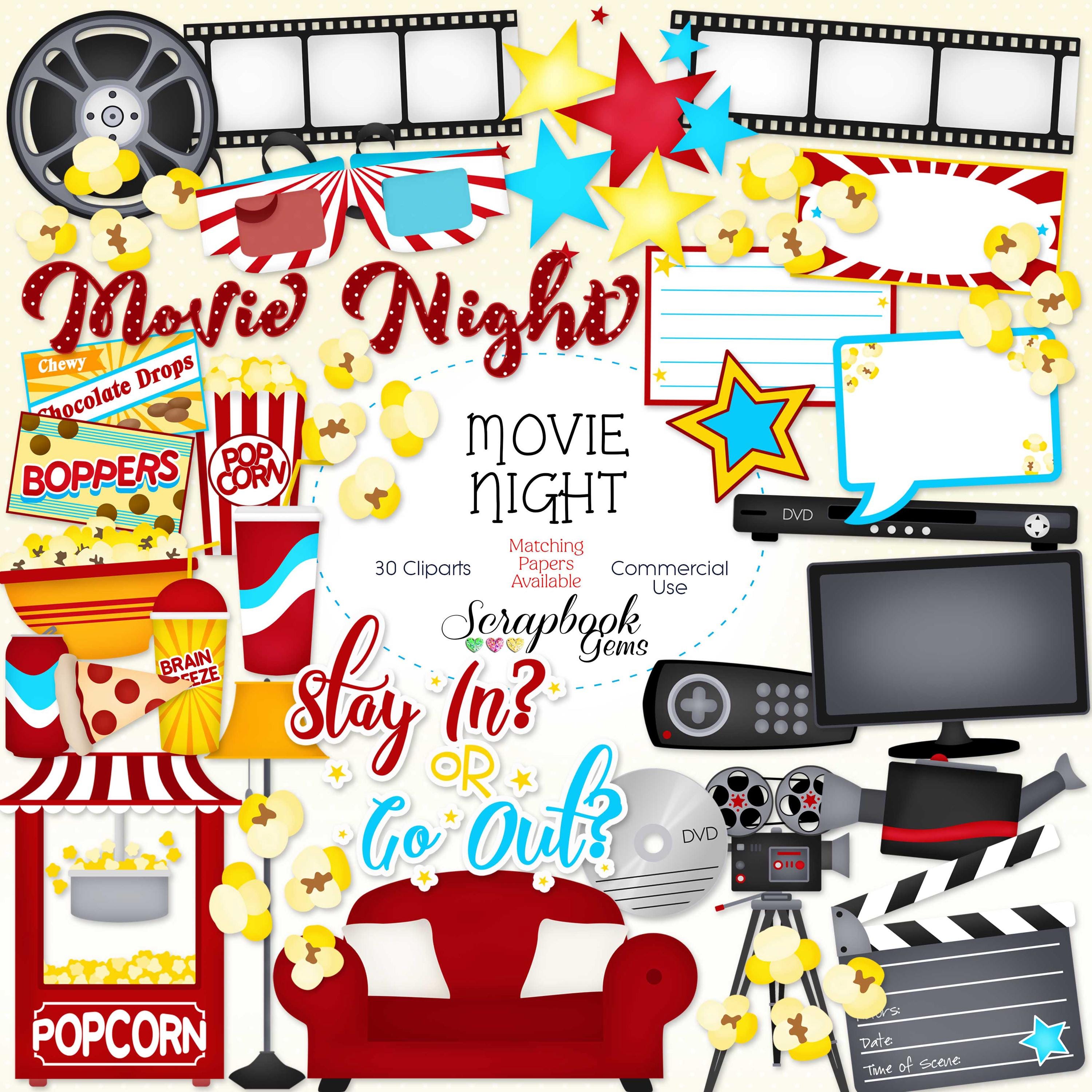 MOVIE NIGHT Clipart and Papers Kit, 30 Png Clip Arts, 22 Jpeg Papers ...