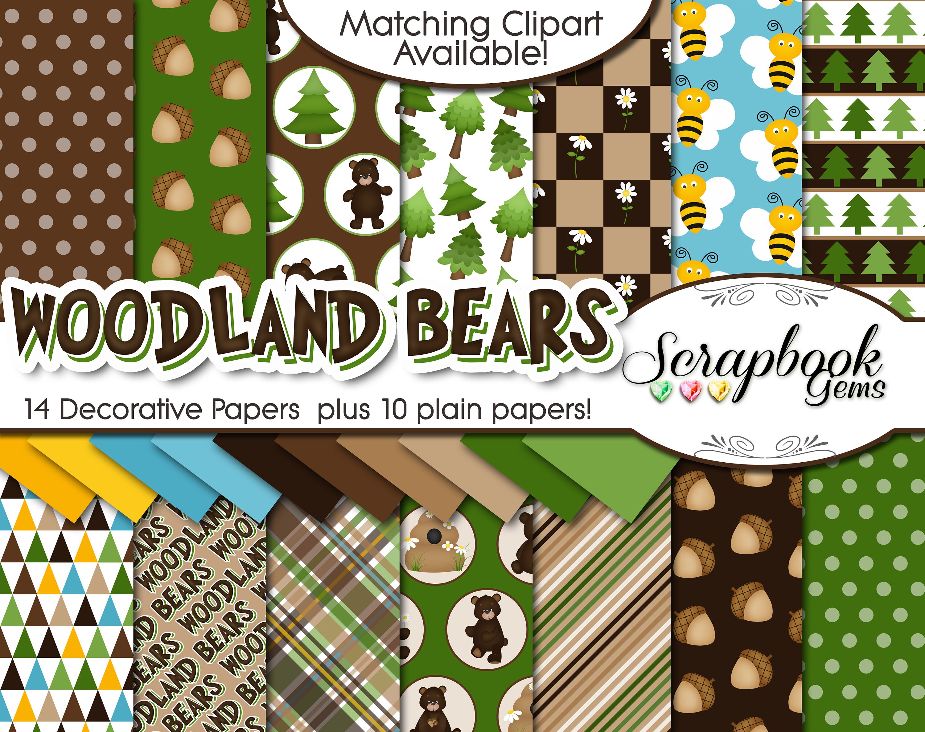WOODLAND BEARS Clipart and Papers Kit 27 Png Clip Arts 24 - Etsy