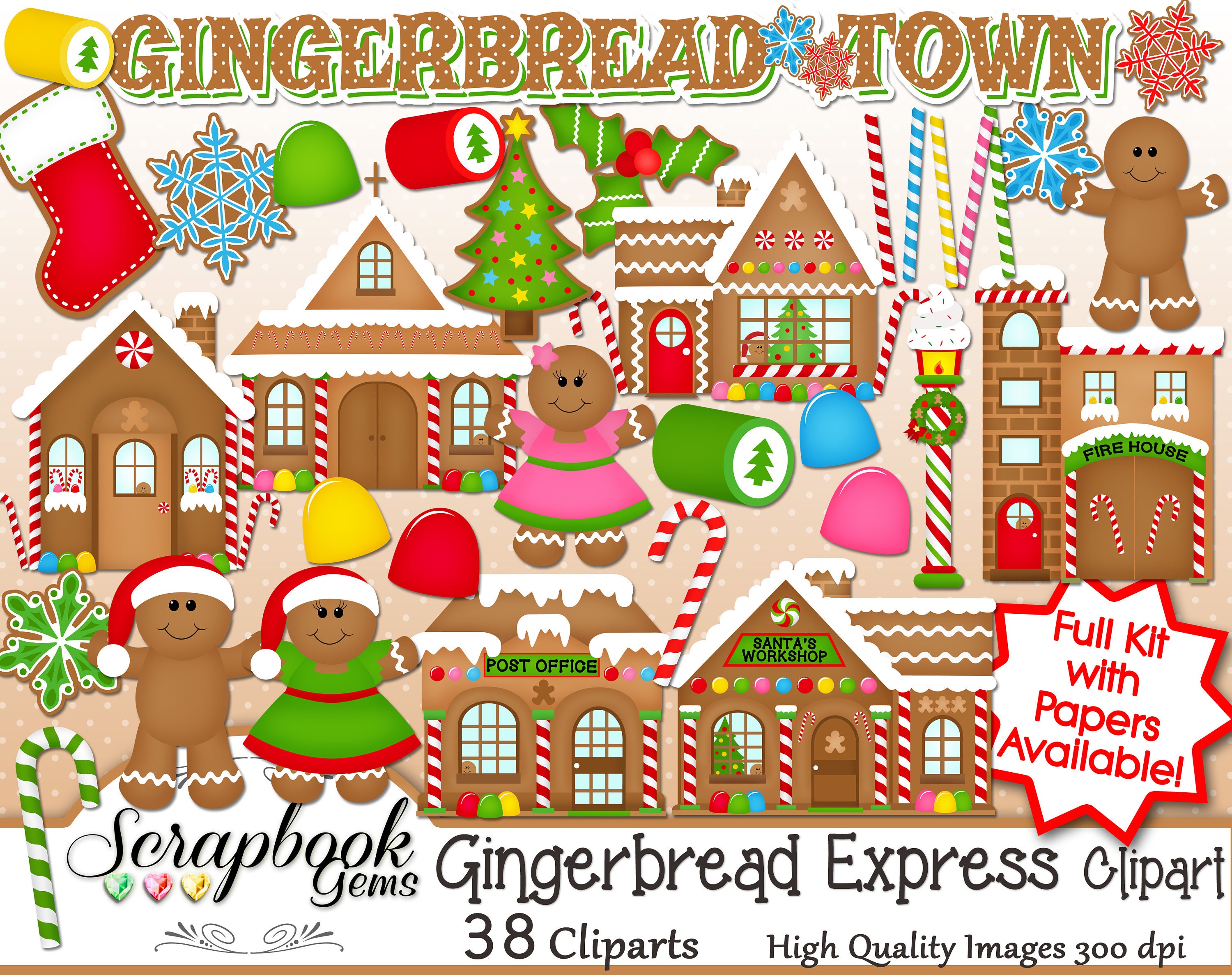 GINGERBREAD TOWN Clipart and Papers Kit 34 Png Clip Arts 21 | Etsy