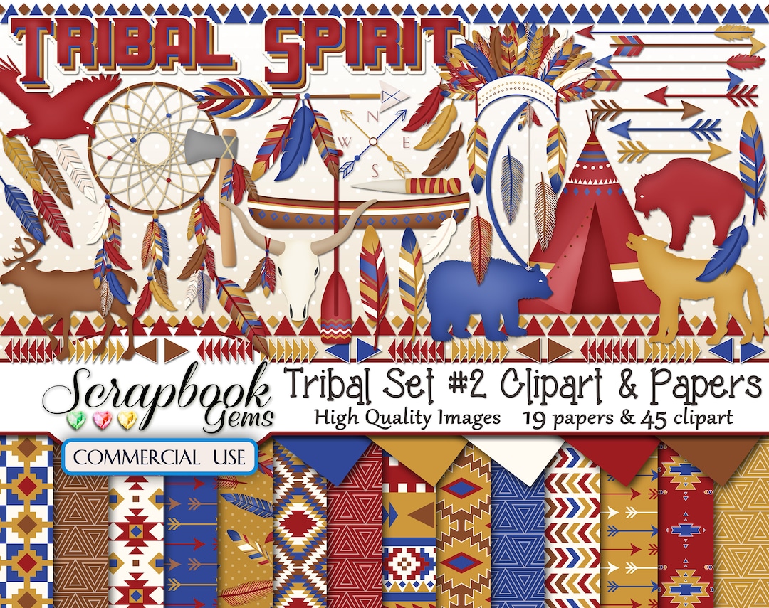 TRIBAL SET #2 Clipart and Papers Kit, 45 Png Clip Arts, 19 Jpeg Papers ...