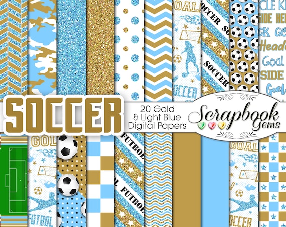 SOCCER Futbol Digital Papers Light Blue & Gold 20 Pieces | Etsy