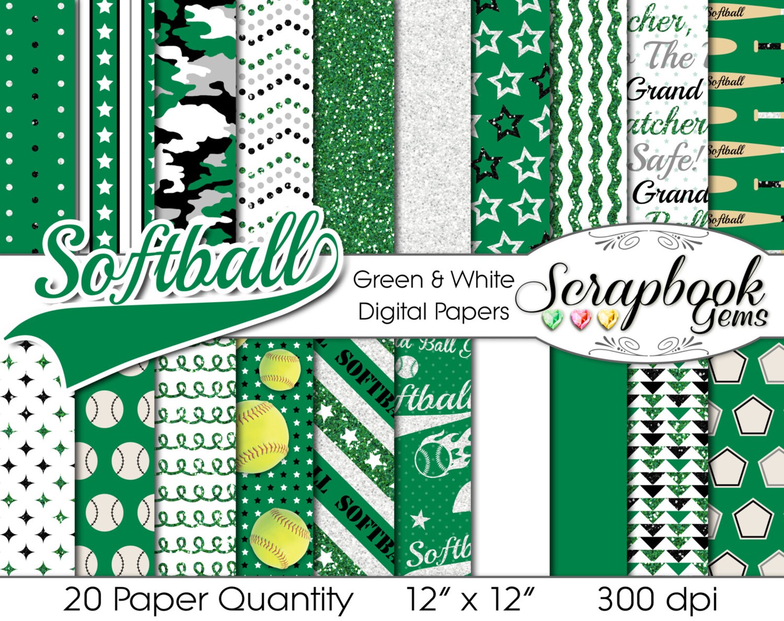 SOFTBALL Digital Papers Green White & Black 20 Pieces | Etsy