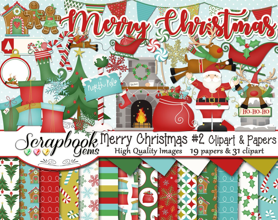 MERRY CHRISTMAS SET2 Clipart and Papers Kit 31 Png Clip | Etsy