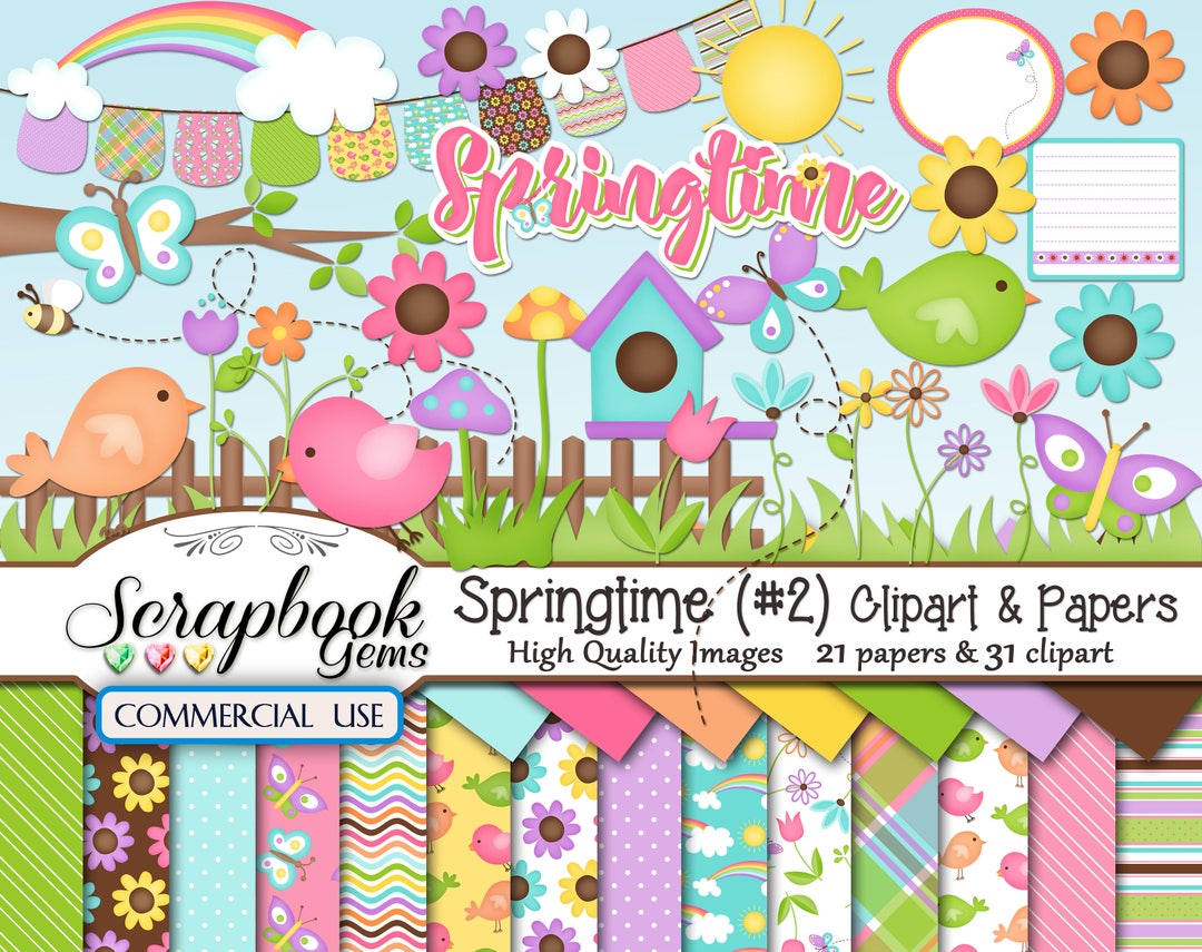 SPRINGTIME #2 Clipart & Papers Kit, 31 Png Clipart Files, 21 Jpeg Paper ...