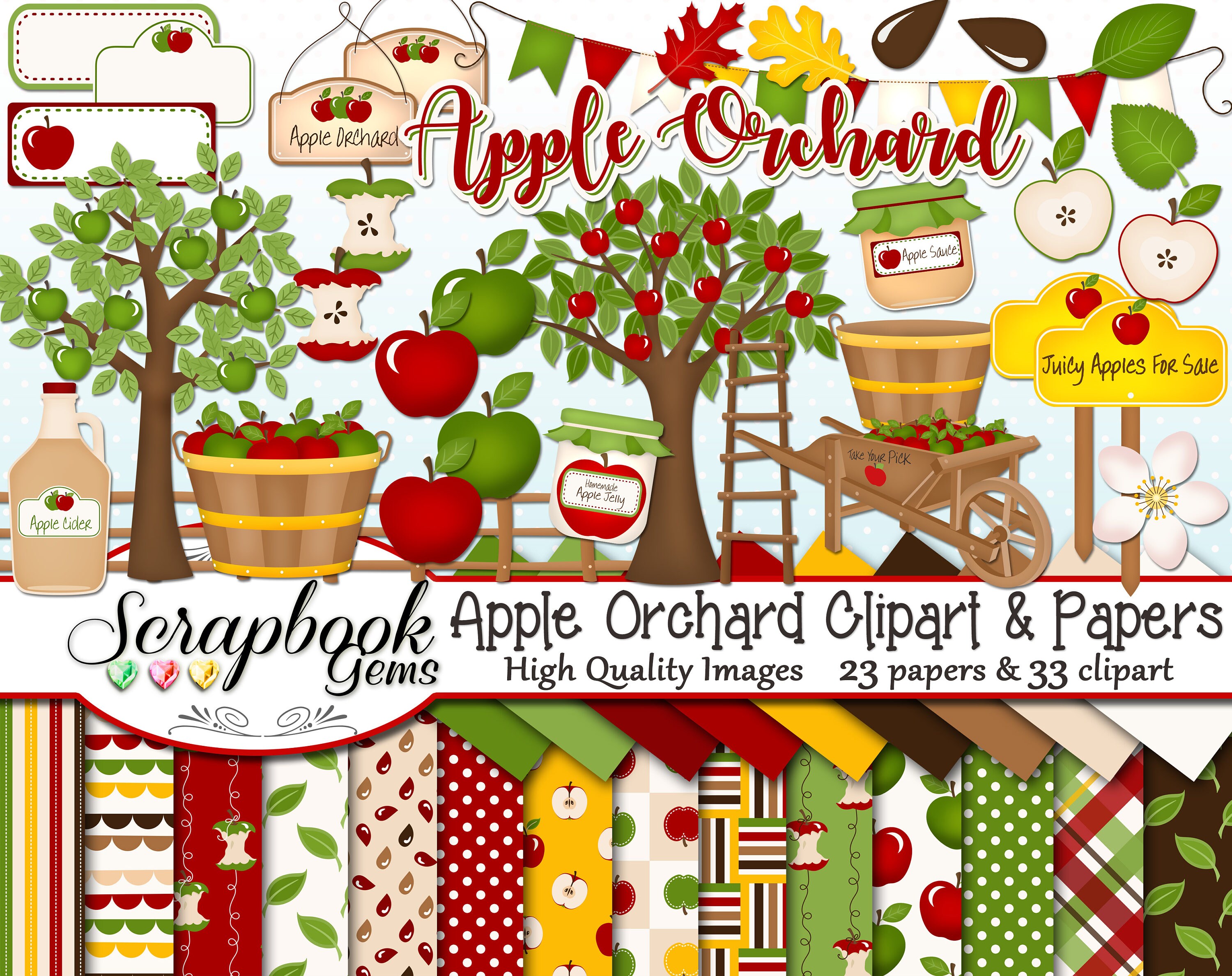 APPLE ORCHARD Clipart and Papers Kit 33 Png Clip Arts 23 - Etsy