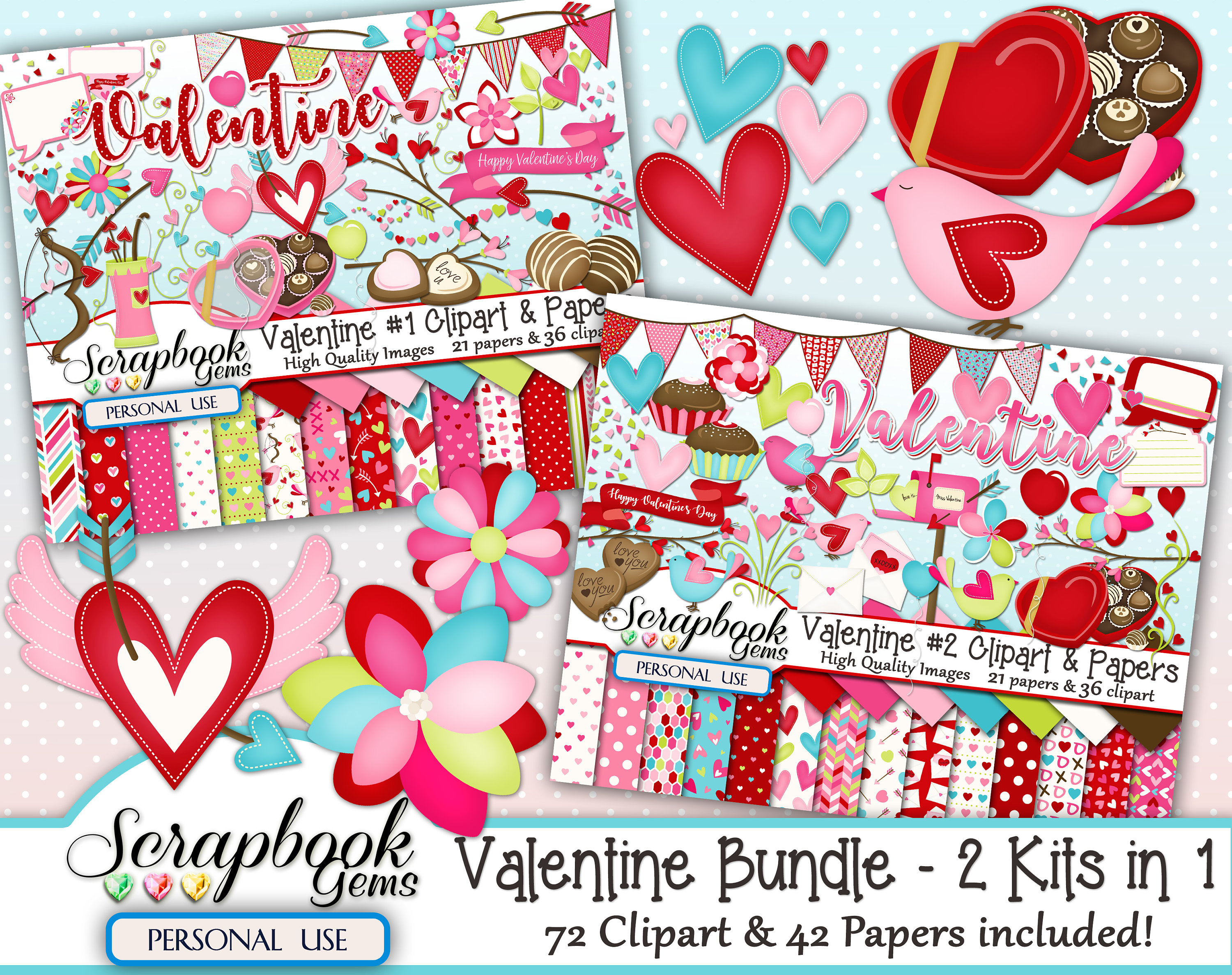 VALENTINE BUNDLE 2 Kits in 1 72 Cliparts & 42 Papers - Etsy