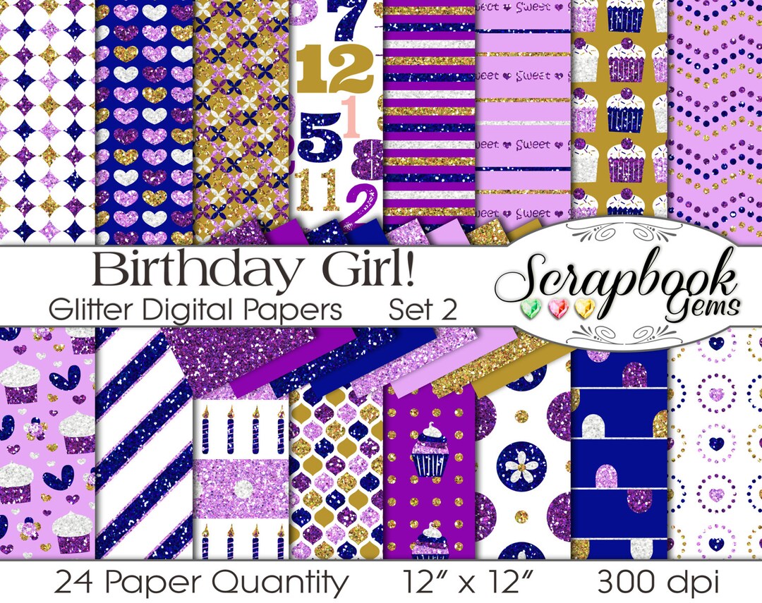 BIRTHDAY GIRL Glitter Digital Papers, 24 Pieces, 12" X 12" High Quality ...
