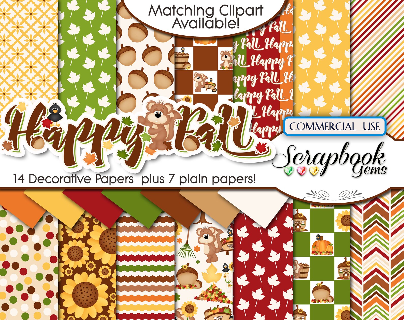 HAPPY FALL Clipart & Papers Kit, 29 Png Clipart Files, 21 Jpeg Paper ...
