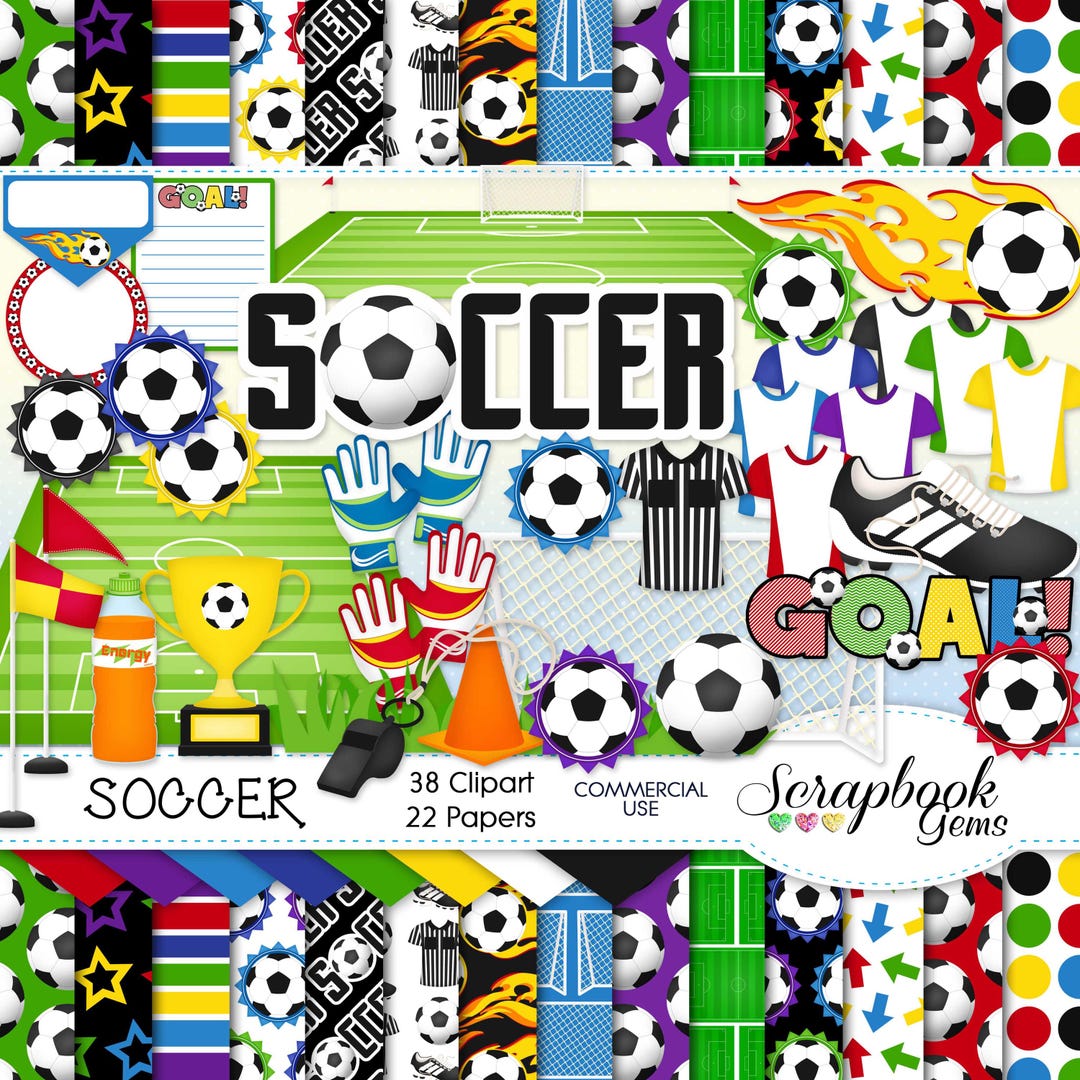 SOCCER Clipart and Papers Kit, 38 Png Clip Arts, 22 Jpeg Papers Instant ...
