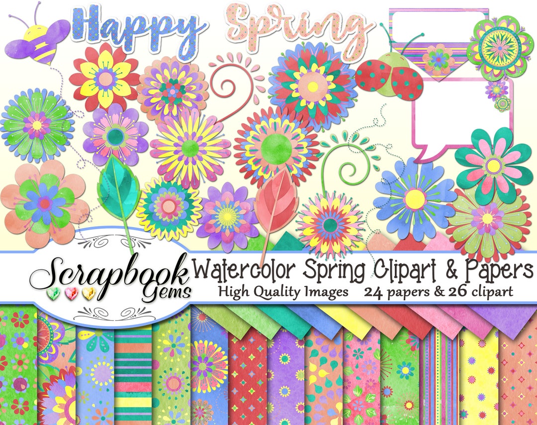 WATERCOLOR SPRING Clipart & Papers Kit, 26 Png Clip Arts, 24 Jpeg ...
