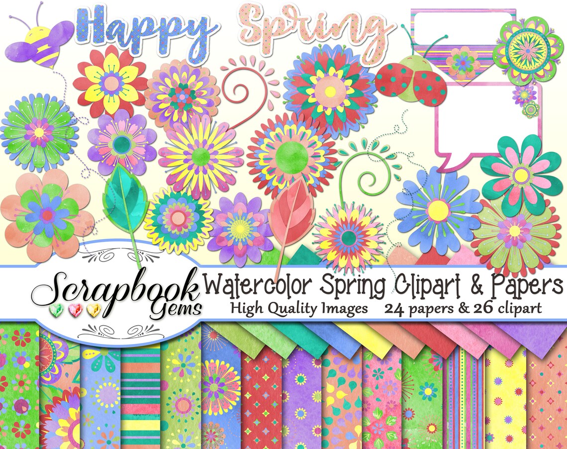 WATERCOLOR SPRING Clipart & Papers Kit 26 Png Clip Arts 24 - Etsy