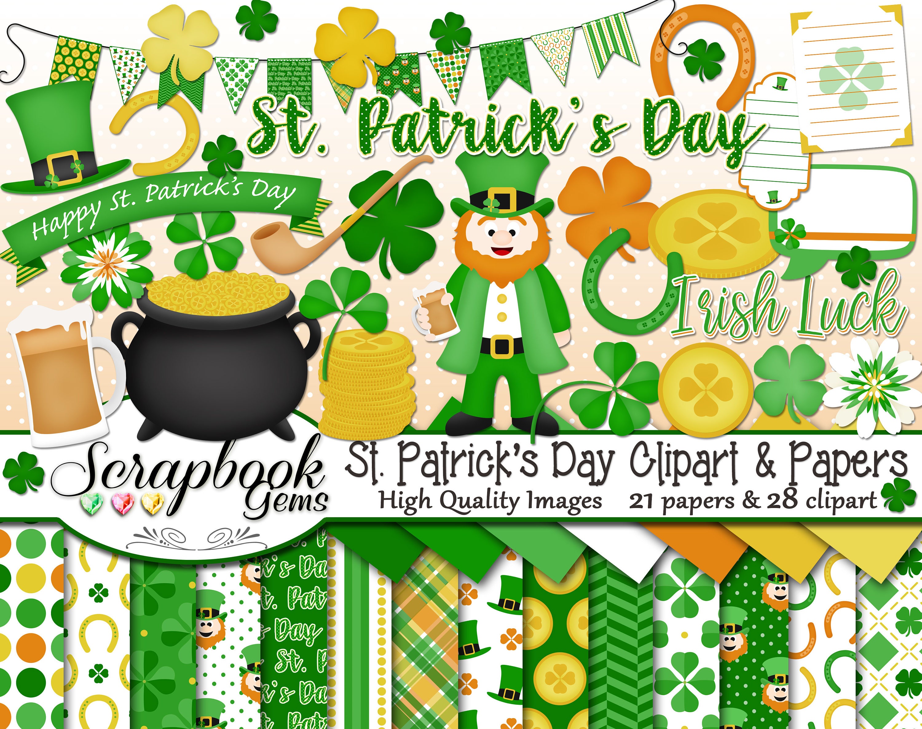 ST. PATRICK'S DAY Clipart and Papers Kit 28 Png Clip - Etsy