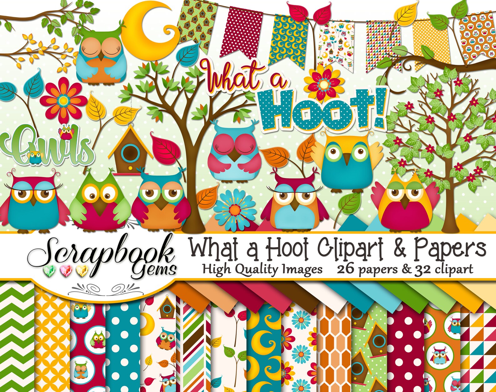 WHAT A HOOT OWL Clipart and Papers Kit 32 Png Clip Arts 26 - Etsy