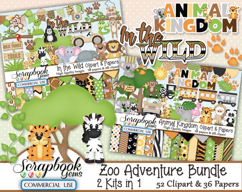 ZOO ADVENTURE BUNDLE - 2 Kits in 1, 52 Cliparts & 36 Papers, Instant ...