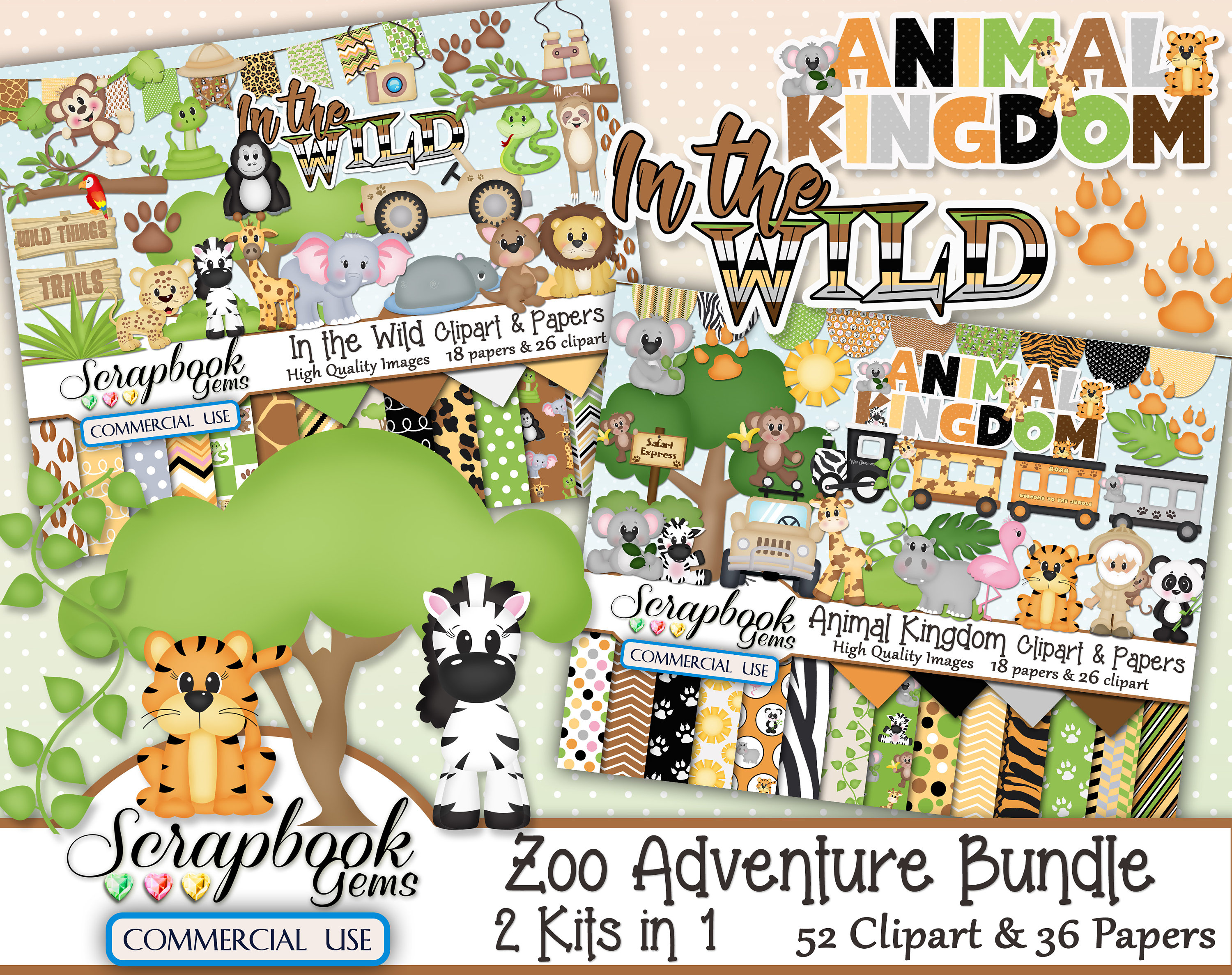 ZOO ADVENTURE BUNDLE - 2 Kits in 1, 52 Cliparts & 36 Papers, Instant ...