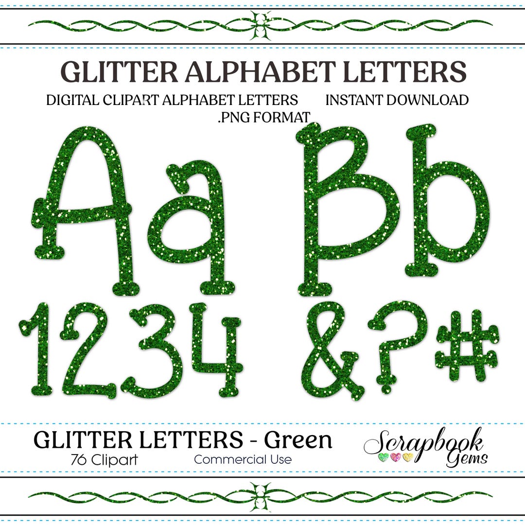 Green Glitter Letters & Numbers Digital Clipart, 76 High Quality PNG ...