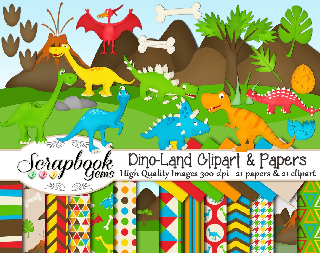DINO-LAND Clipart & Papers Kit, 21 Png Clipart Files, 21 Jpeg Paper ...