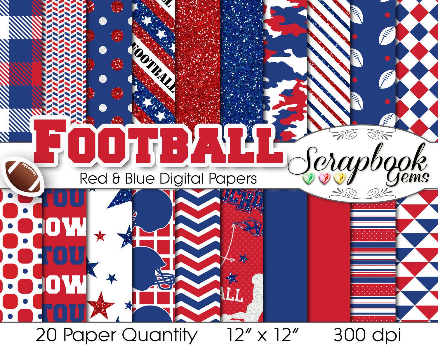 Football Digital Papers Blue, Red, & White, 20 Pieces, 12" X 12", High ...
