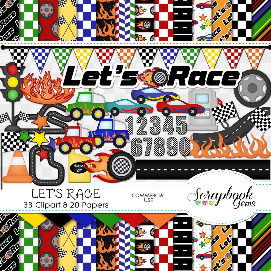 LET'S RACE Clipart and Papers Kit, 33 Png Clip Arts, 20 Jpeg Papers ...