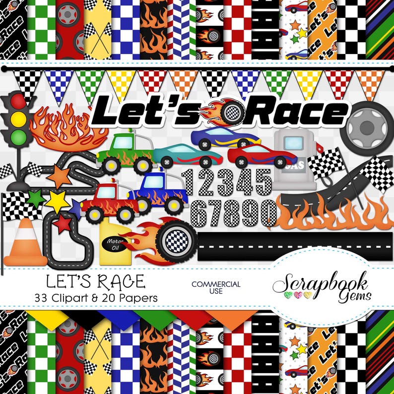 LET'S RACE Clipart and Papers Kit, 33 Png Clip Arts, 20 Jpeg Papers ...