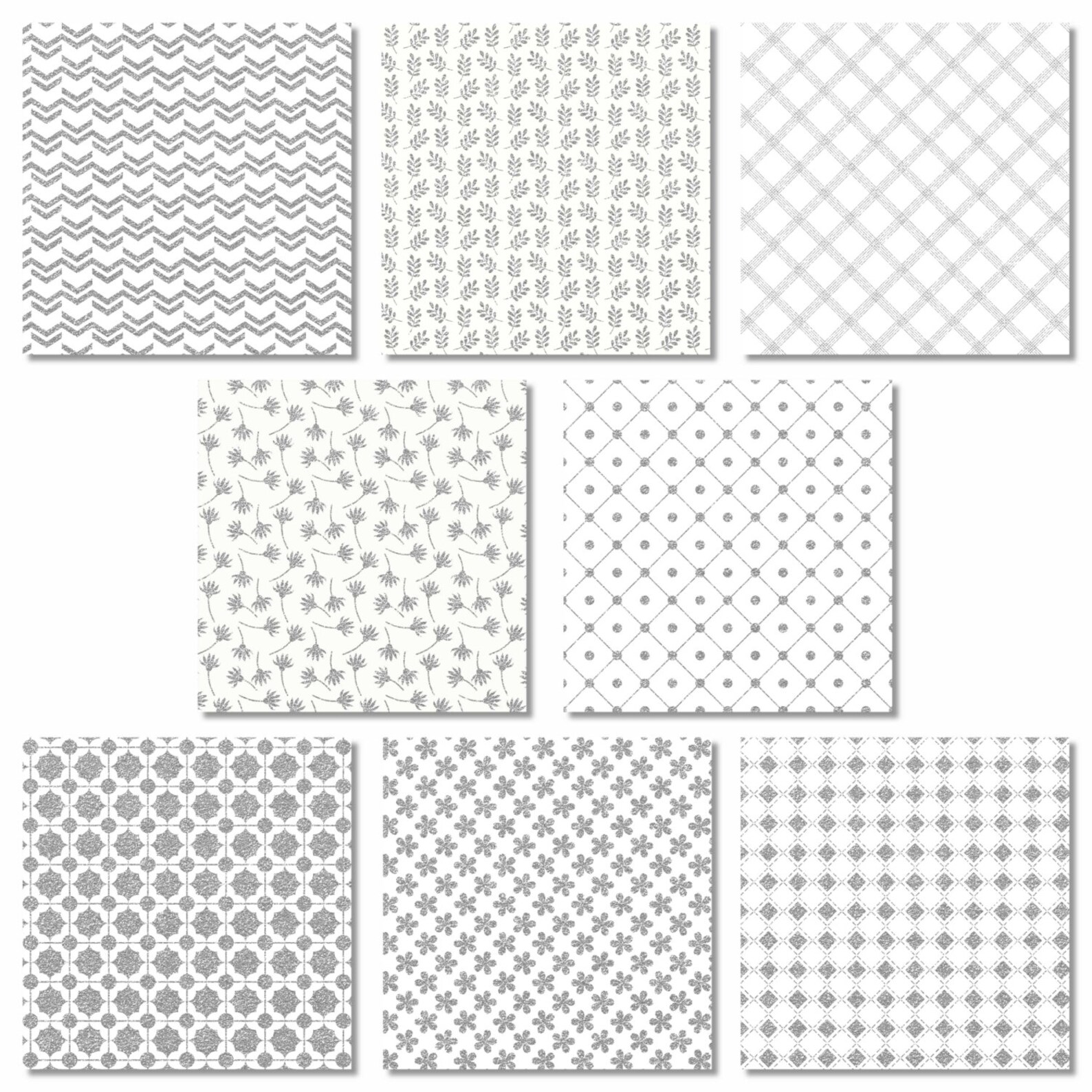 White & Silver Digital Papers SET 1, 16 Pieces 12" X 12", High Quality ...