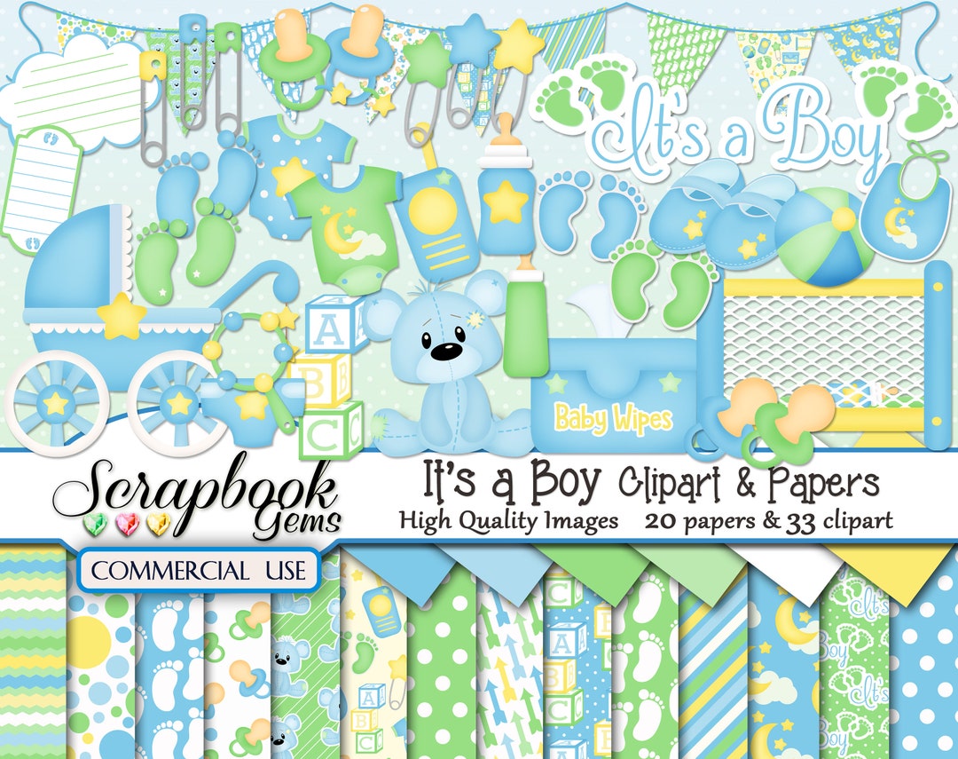 IT'S A BOY Clipart & Papers Kit, 33 Png Clipart Files, 20 Jpeg Paper ...