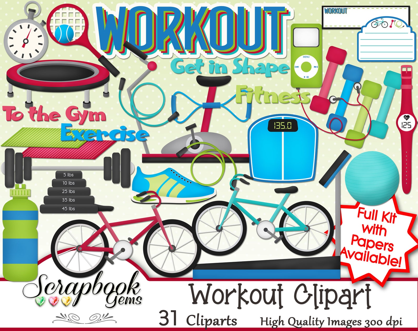 WORKOUT Clipart and Papers Kit 31 Png Clip Arts 22 Jpeg - Etsy