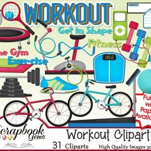 WORKOUT Clipart and Papers Kit, 31 Png Clip Arts, 22 Jpeg Papers ...