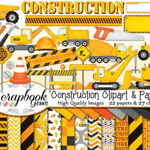 CONSTRUCTION BUNDLE - 2 Kits in 1, 64 Cliparts & 42 Papers, Instant ...