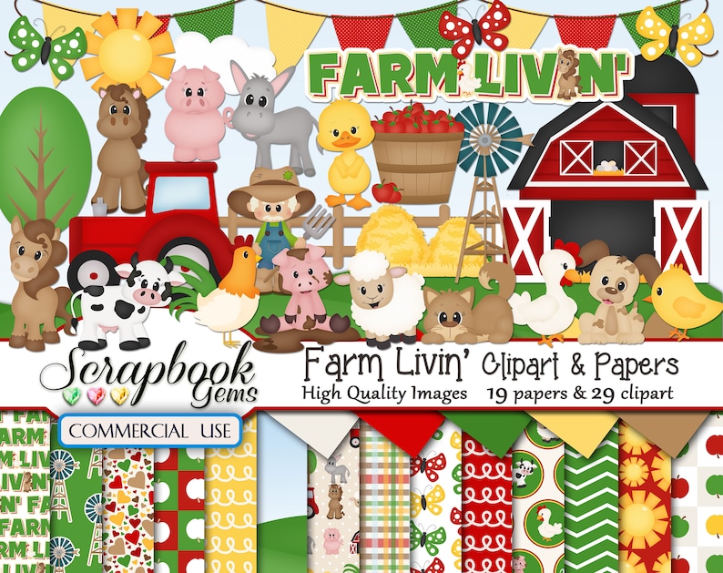 FARM BUNDLE - 2 Kits in 1, 58 Cliparts & 38 Papers, Instant Download ...
