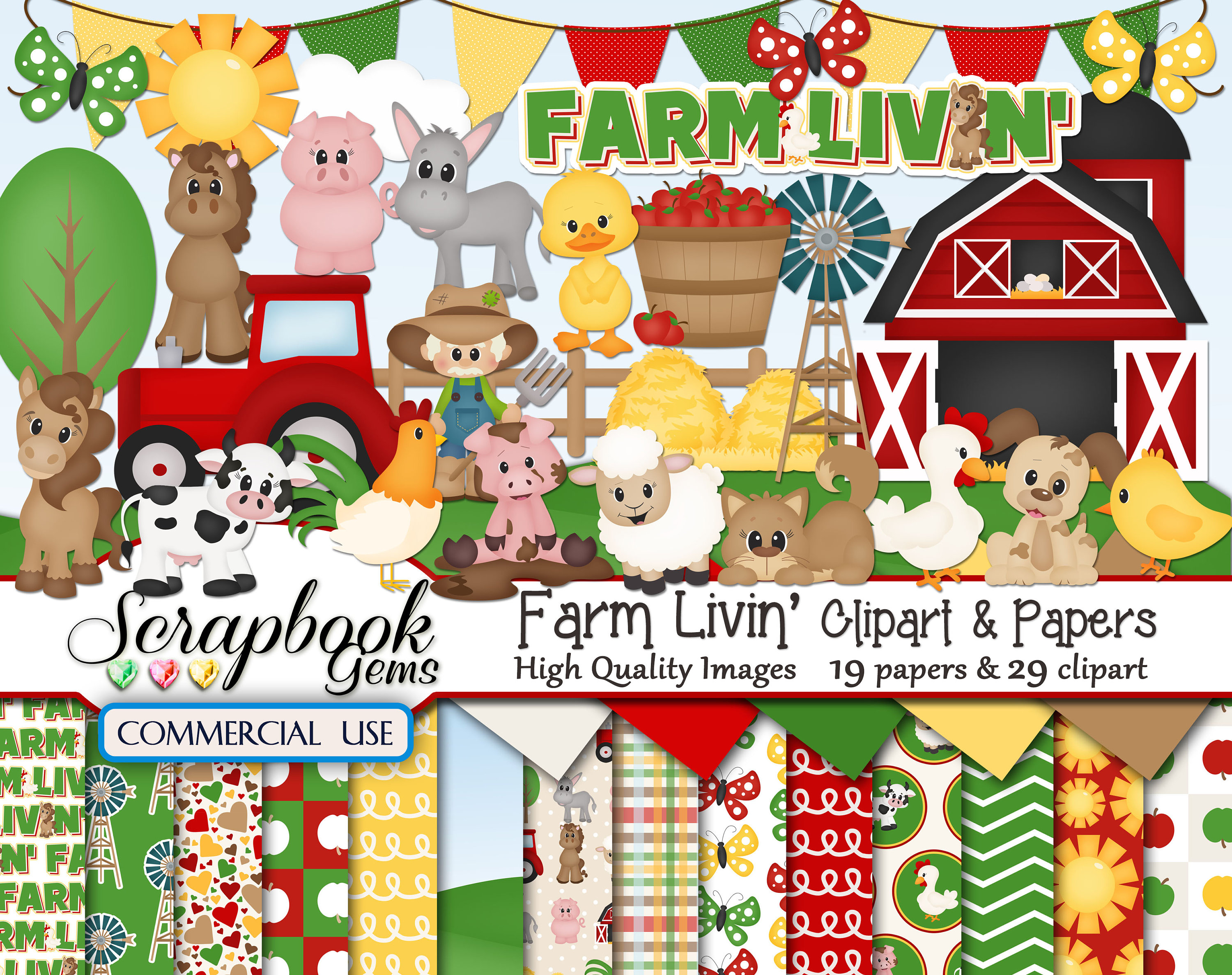 FARM BUNDLE 2 Kits in 1 58 Cliparts & 38 Papers Instant - Etsy
