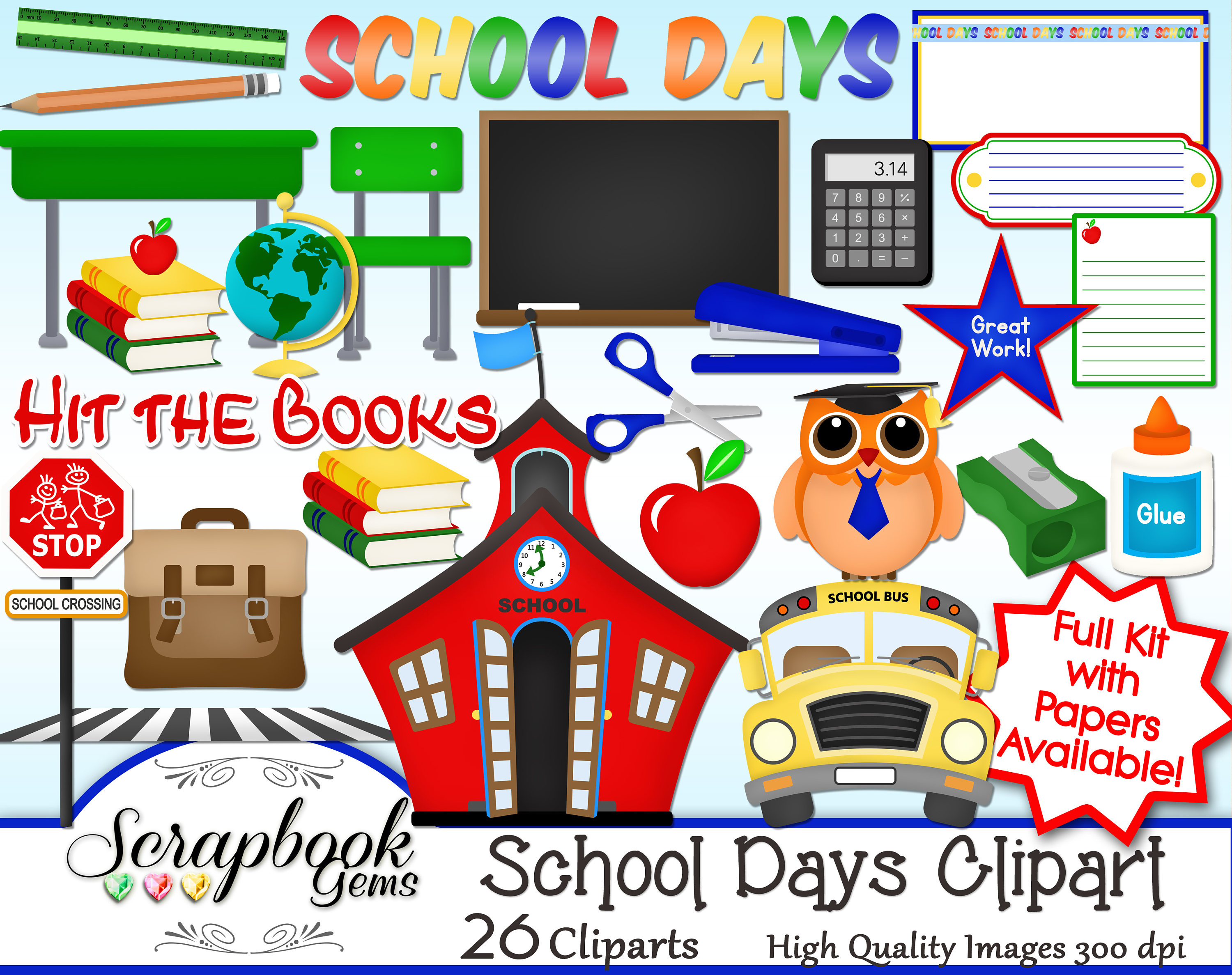 SCHOOL DAYS Clipart & Papers Kit 26 png Clip arts 20 jpeg | Etsy