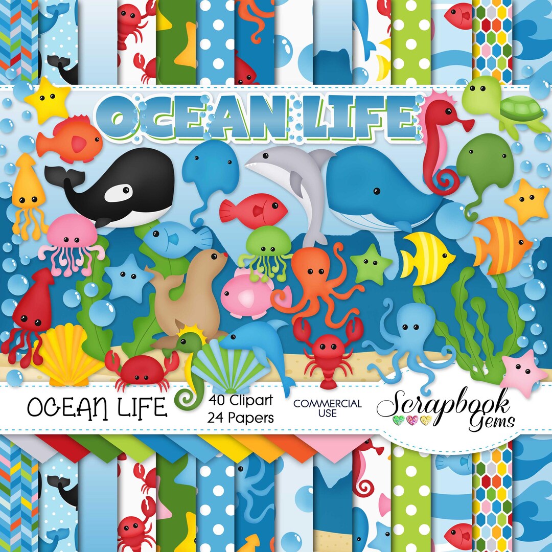 OCEAN LIFE Clipart and Papers Kit, 40 Png Clip Arts, 24 Jpeg Papers ...