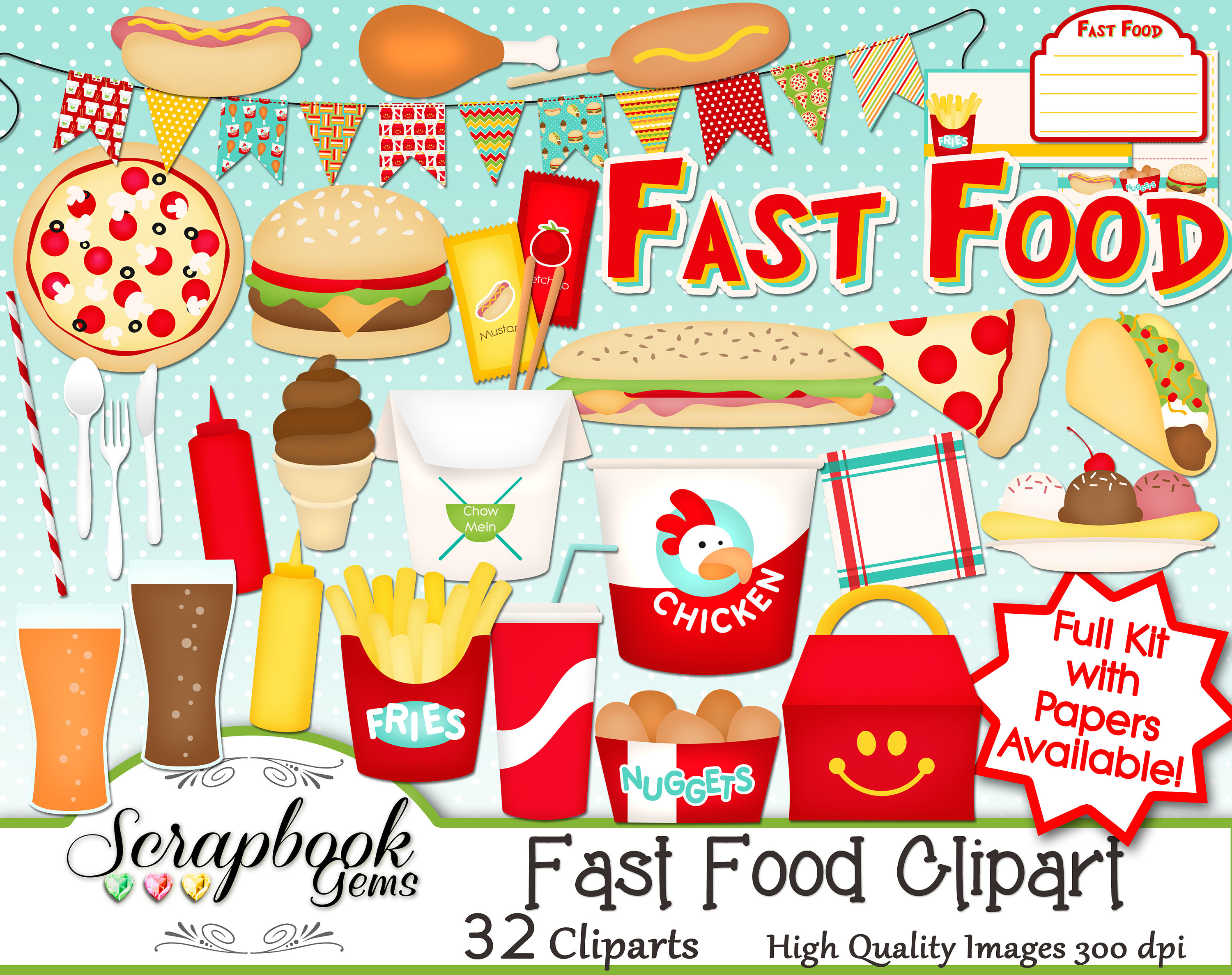 FAST FOOD Clipart and Papers Kit 32 Png Clip Arts 22 Jpeg | Etsy