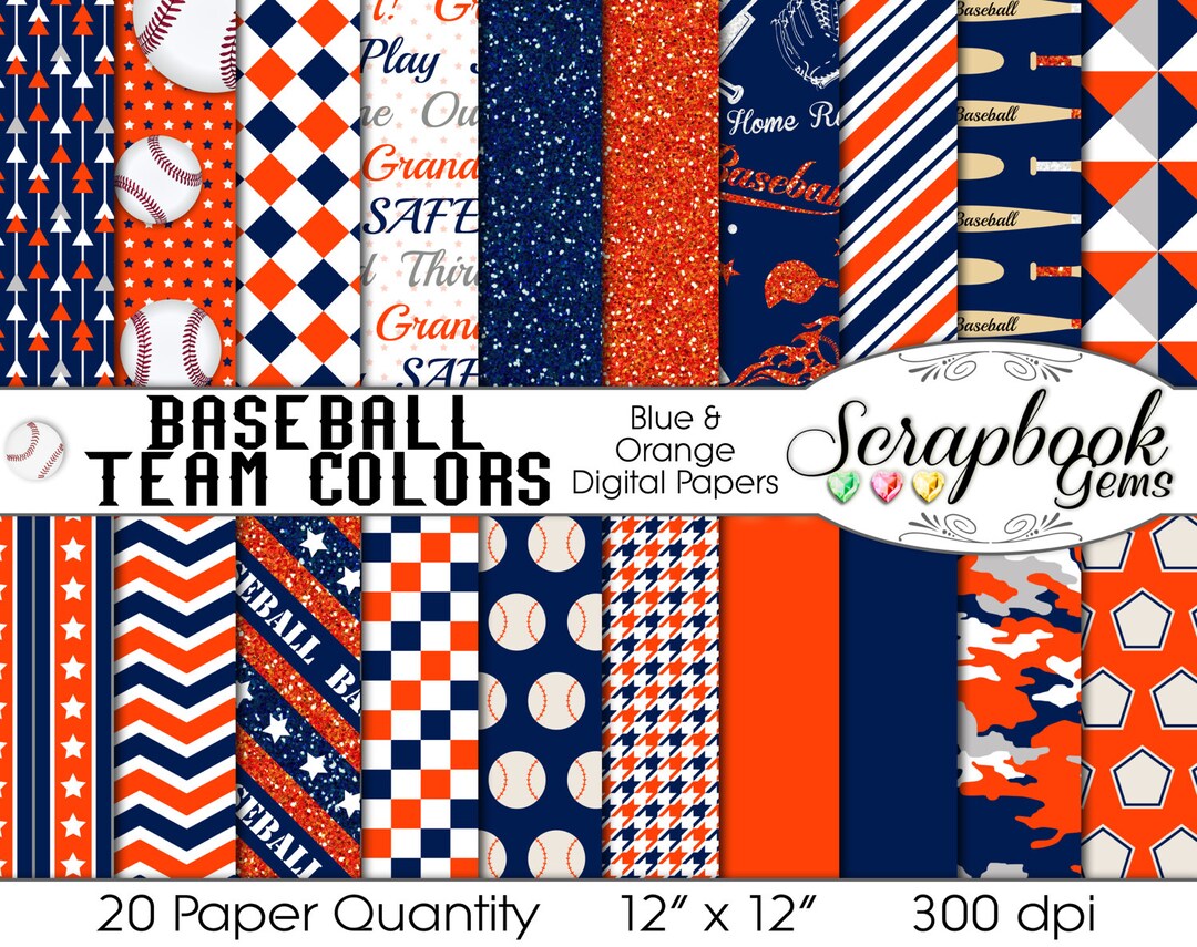 Baseball Digital Papers Navy, Orange, & White, 20 Pieces, 12 X 12, High ...