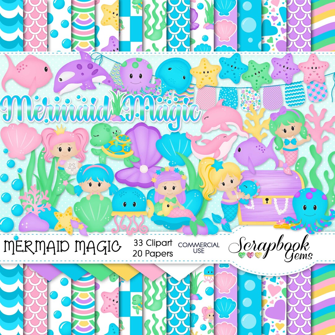 MERMAID MAGIC Clipart & Papers Kit, 33 Png Clipart Files, 20 Jpeg Paper ...