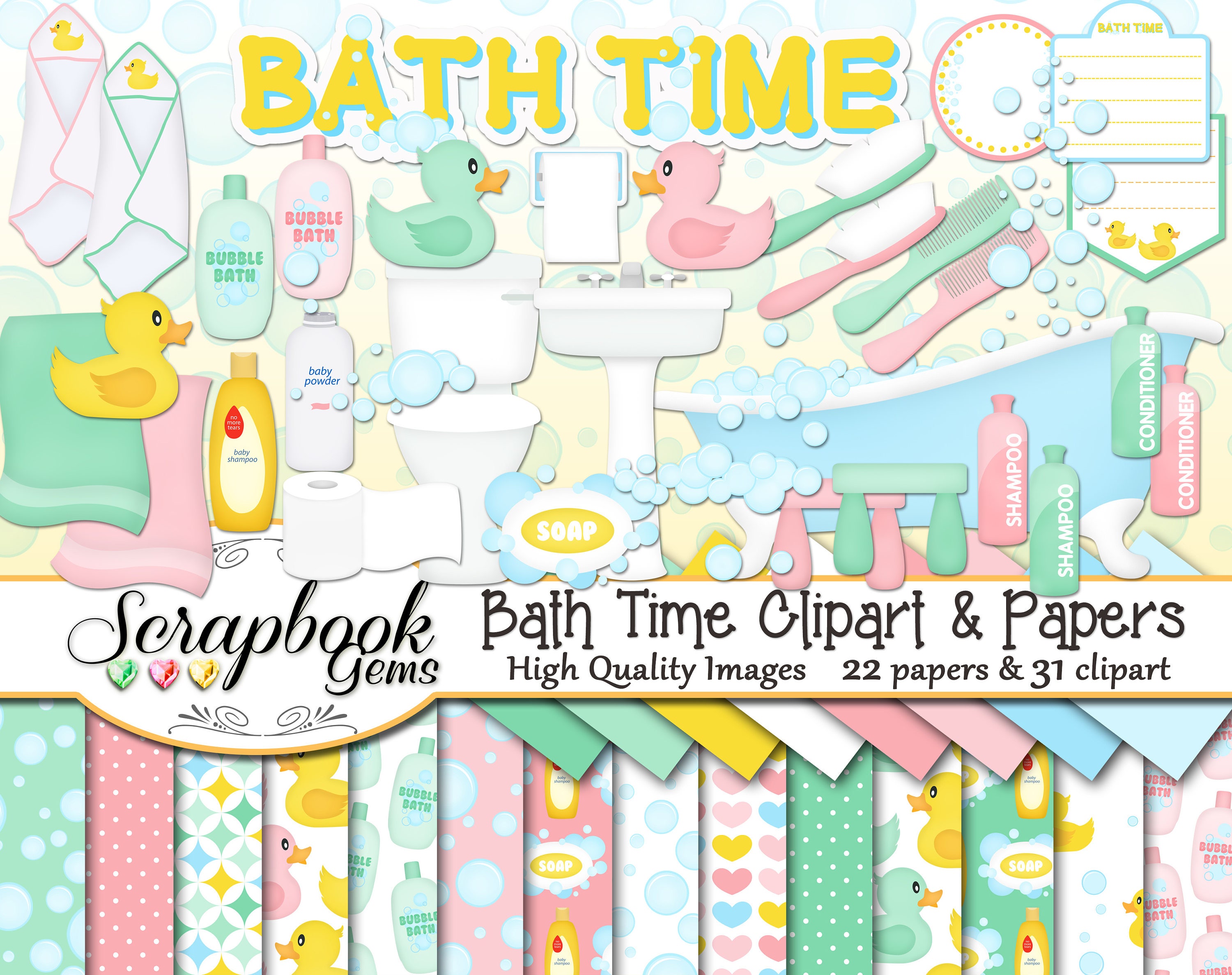 BATH TIME Clipart and Papers Kit, 31 Png Clip Arts, 22 Jpeg Papers ...