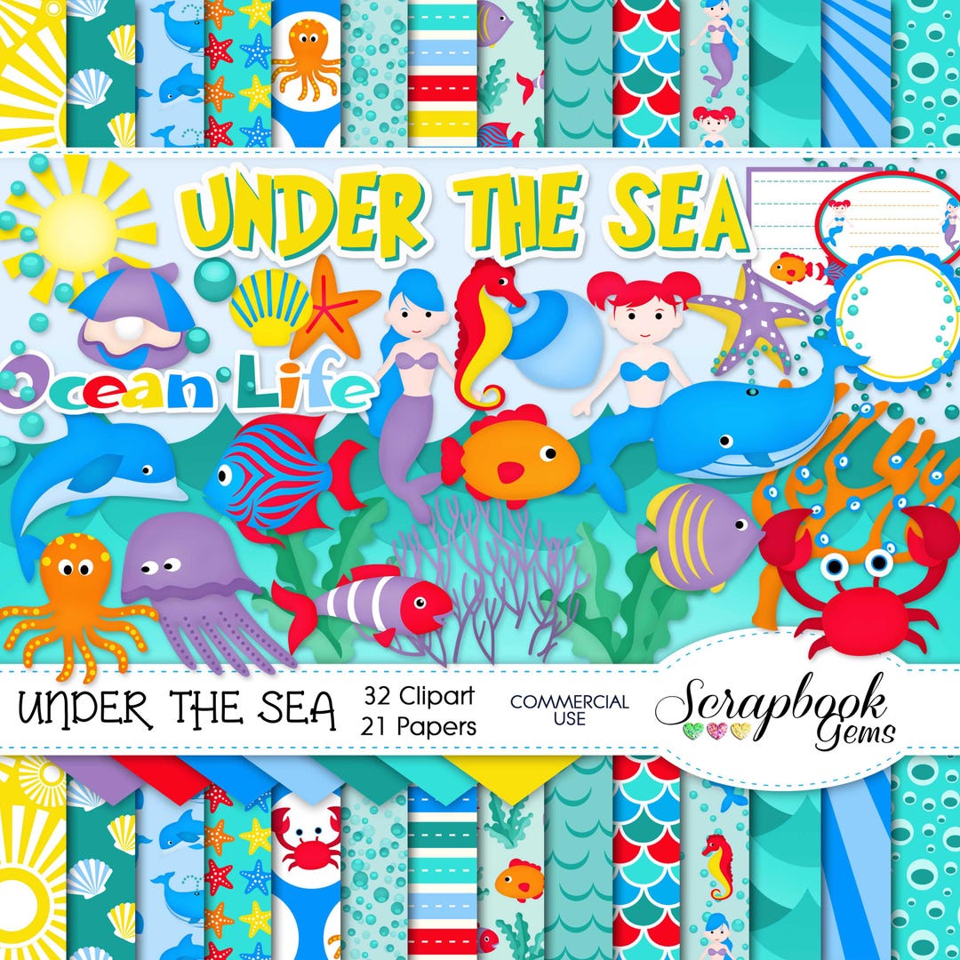 UNDER THE SEA Clipart and Papers Kit, 32 Png Clip Arts, 21 Jpeg Papers ...