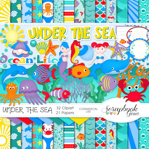UNDER THE SEA Clipart and Papers Kit, 32 Png Clip Arts, 21 Jpeg Papers ...