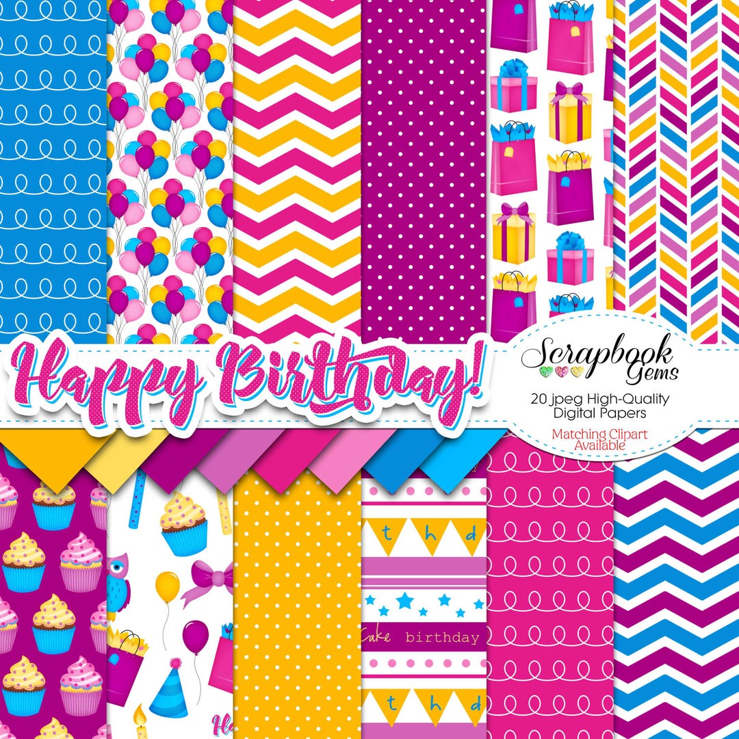 BIRTHDAY Set #1 Digital Papers, 20 Pieces, 12" X 12", High Quality ...