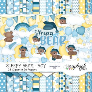 SLEEPY BEAR - BOY Clipart & Papers Kit, 28 Png Clipart Files, 20 Jpeg ...