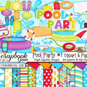 POOL PARTY BUNDLE - 2 Kits in 1, 58 Cliparts & 40 Papers, Instant ...