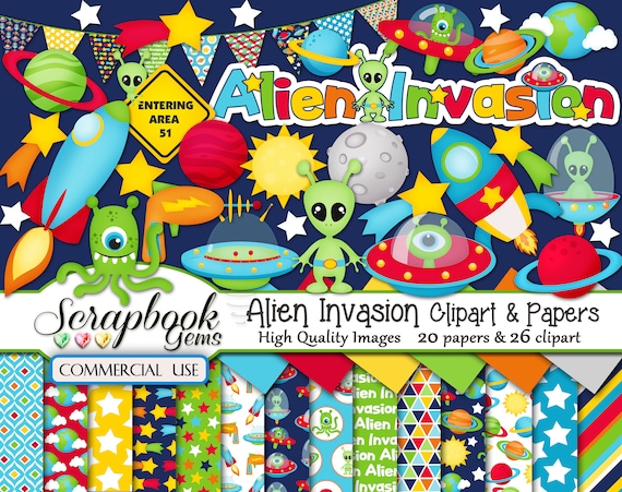 ALIEN INVASION Clipart & Papers Kit 26 Png Clipart Files 20 | Etsy ...