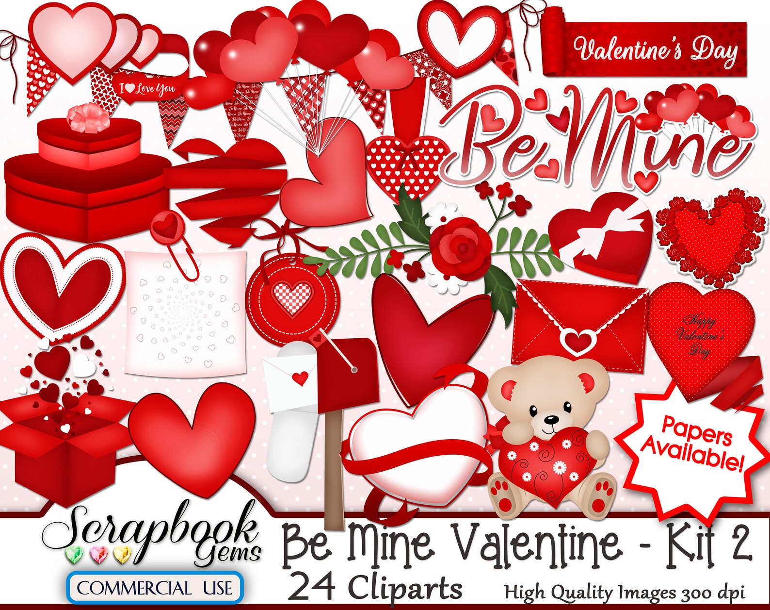 BE MINE VALENTINE Kit 2 Clipart & Papers Kit 24 Png Clipart - Etsy