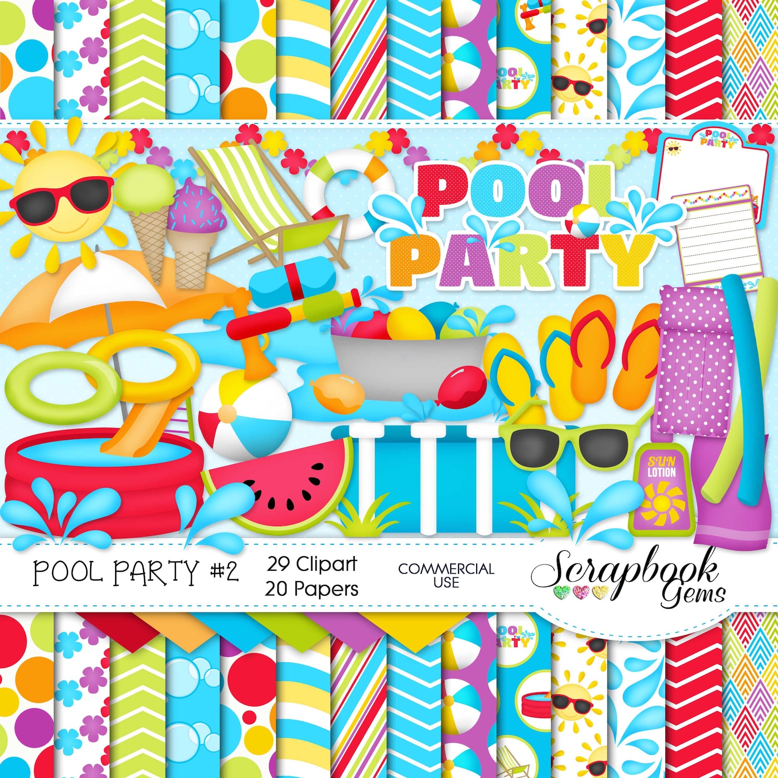 POOL PARTY (kit #2) Clipart & Papers, 29 Png Clipart Files, 20 Jpeg ...